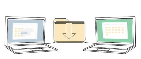 파일 전송 화면에 폴더가 있는 두 대의 노트북과 전송된 문서의 연속 선 그리기 파일 복사 데이터 교환 백업 Pc 마이그레이션 파일 공유 개념 0명에 대한 스톡 벡터 아트 및