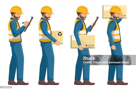 개인 보호 장비 헬멧 조끼 안전화를 들고 주문을 확인하는 상자를 들고 있는 산업 근로자 세트 안전이 최우선입니다 직장에서의 산업 안전 및 산업 보건 개성 개념에 대한 스톡