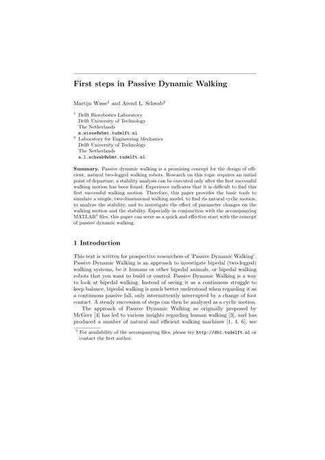 Pdf First Steps In Passive Dynamic Walking
