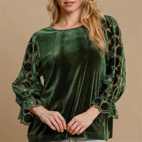 Umgee Tops Umgee Green Velvet Blouse With Lace Sleeves Poshmark
