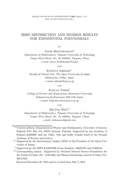 Pdf Zero Distribution And Division Results For Exponential Polynomials