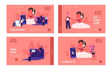 콜 센터 방문 페이지 템플릿 집합입니다 헤드셋의 고객 서비스 직원은 컴퓨터에서 작업합니다 운영자 클라이언트 통신 개념에 대한 스톡 벡터 아트 및 기타 이미지 Istock