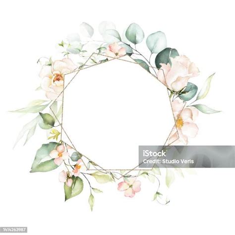 수채화 복숭아 홍당무 핑크 녹색 꽃 프레임 화환 금색 기하학적 모양의 꽃 잎 및 가지 금 금속에 대한 스톡 벡터 아트 및 기타 이미지 Istock
