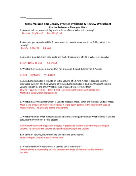 Density Practice Problems Worksheet E Street Light