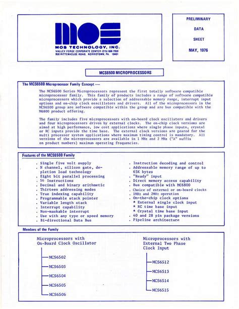 6502 Microprocessor Datasheet