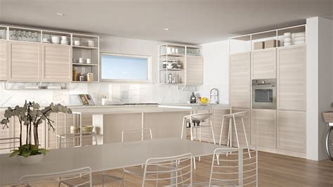 펜트하우스 미니멀한 주방 인테리어 디자인 소파와 카펫이 있는 라운지 식탁 스툴이 있는 섬 쪽모이 세공 현대 현대 흰색 건축 개념