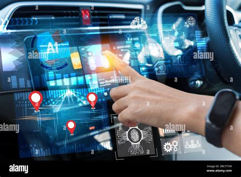 Hand Interacting With Futuristic Ai Powered Smart Car Dashboard Screen