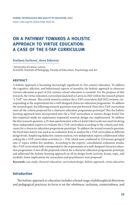 Pdf On A Pathway Towards A Holistic Approach To Virtue Education A Case Of The E Tap Curriculum