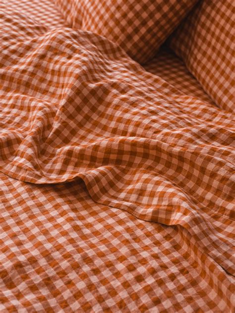 Cinnamon And Peach Colour Drenched Gingham Linen Blend Flat Sheet