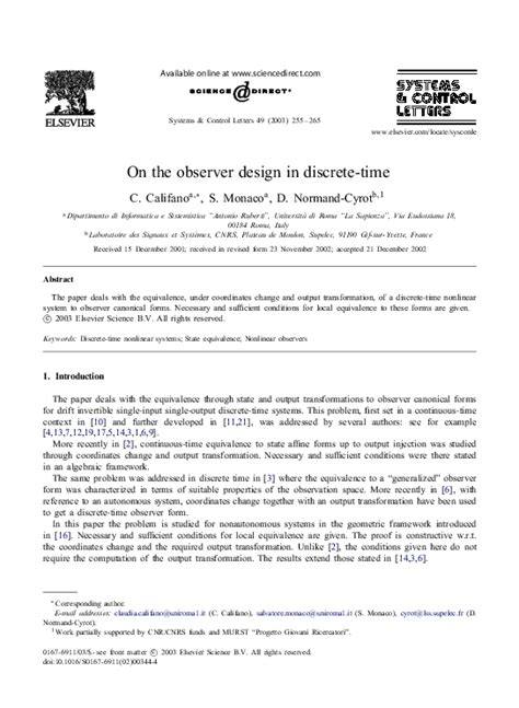 Pdf On The Observer Design In Discrete Time