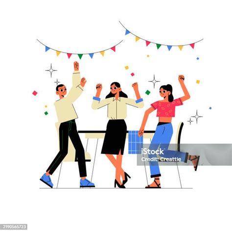 팀에서 축하하는 동료 그룹 팀워크 축하 그리고 사무실 파티를 상징하는 평면 벡터 일러스트 레이 션 흰색 배경에 고립 된 기업