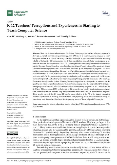 Pdf K 12 Teachers Perceptions And Experiences In Starting To Teach Computer Science
