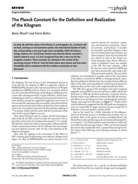 The Planck Constant For The Definition And Realization Pdf Kilogram International System