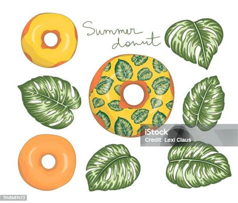 녹색 몬스 테라 잎 노란색 장식 도넛의 벡터 일러스트 레이 션 원래 여름 메뉴 디자인입니다 열 대 디저트 개념입니다 이국적인 도넛 0명에 대한 스톡 벡터 아트 및 기타