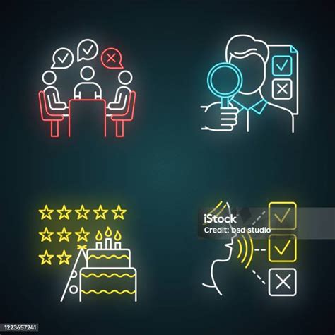 측량 방법 네온 라이트 아이콘 세트 그룹 관리 설문지 높은 평가 평가 고객 오디오 검토 이벤트 평가 전문가 설문 조사 빛나는