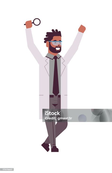 남성 과학자 는 확대 유리 아프리카 계 미국인 남자 연구원과 손을 제기 균일 한 만드는 실험 분석 실험실 연구 과학 화학 개념 수직 전체 길이 평면 분석 보기에 대한 스톡