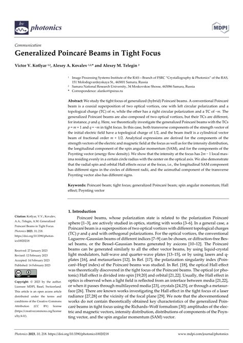 Pdf Generalized Poincaré Beams In Tight Focus