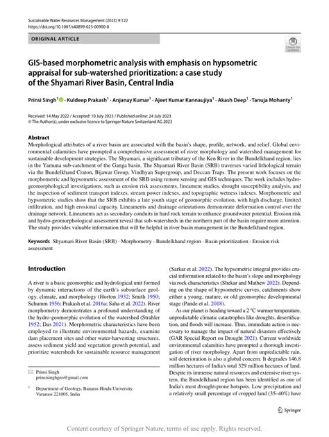 Gis Based Morphometric Analysis With Emphasis On Hypsometric Appraisal