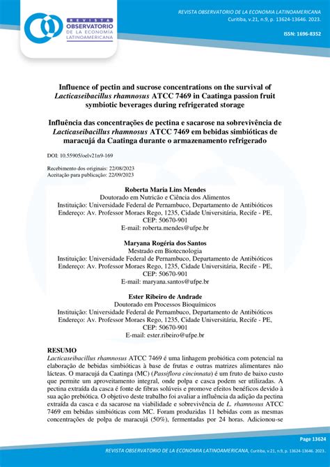 Pdf Influence Of Pectin And Sucrose Concentrations On The Survival Of Lacticaseibacillus