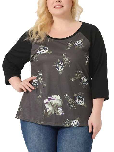 Agnes Orinda Womens Plus Size Floral Crewneck Blouse 34 Raglan