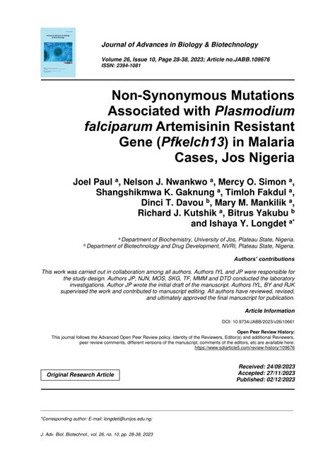 Pdf Non Synonymous Mutations Associated With Plasmodium Falciparum