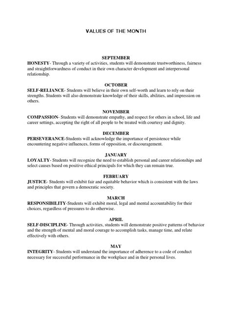 Values Of The Month Pdf