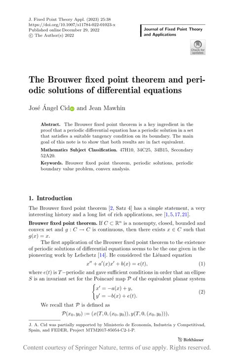 Pdf The Brouwer Fixed Point Theorem And Periodic Solutions Of Differential Equations