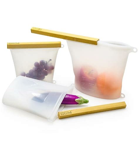 Edgehill 친환경 나무 슬라이더 바가 있는 식품 보관을 위한 끝없이 재사 가능한실리콘 백 3팩 M 티몬