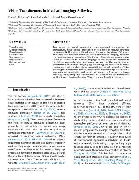 PDF Vision Transformers In Medical Imaging A Review