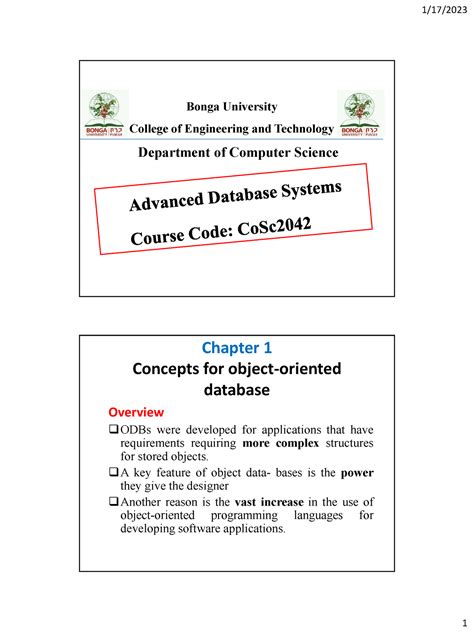 21 Advanced Database Systems 1 Bonga University College Of