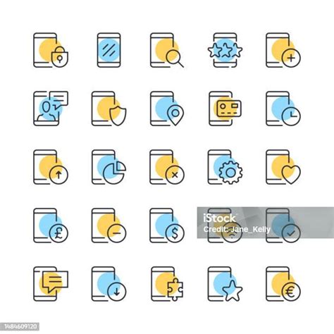 휴대폰 회선 아이콘입니다 스마트폰 아이콘 집합입니다 검정 파랑 및 노랑 색상 현대적인 선형 윤곽선 그래픽 디자인 벡터 선 아이콘 세트 Brand Name Online
