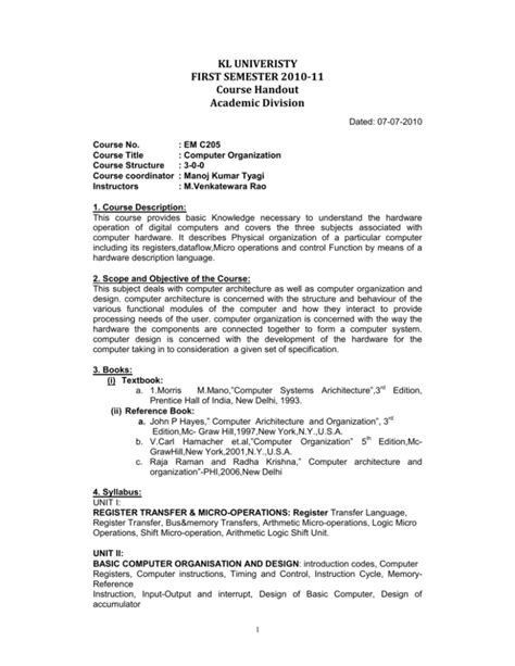 Computer Organization Course Handout Kl University
