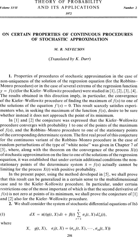 On Certain Properties Of Continuous Procedures Of Stochastic Approximation Theory Of