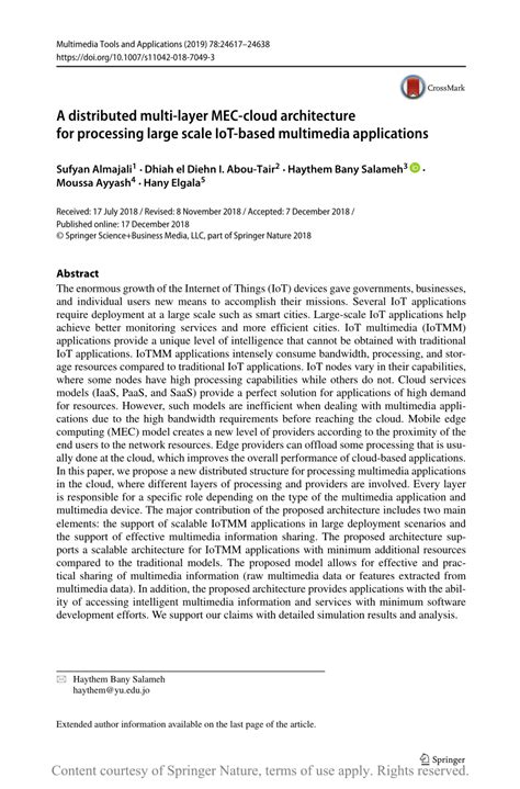 A Distributed Multi Layer Mec Cloud Architecture For Processing Large Scale Iot Based Multimedia