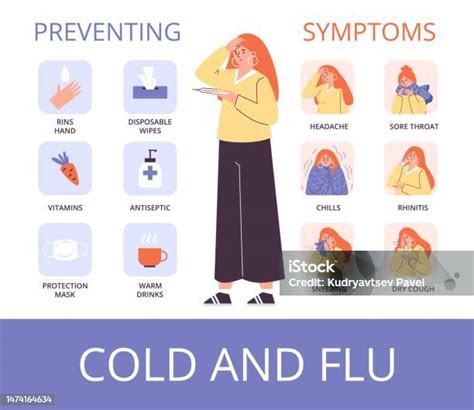 감기 및 독감 증상 및 예방 방법 평면 벡터 삽화 두통 인후통 오한 및 비염으로 고통받는 아픈 여자 의료 및 의료 인포그래픽 감기와 독감에 대한 스톡 벡터 아트 및 기타