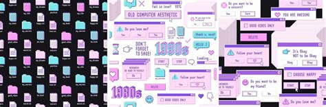 old computer aestethic 1980s 1990s set of seamless patterns with