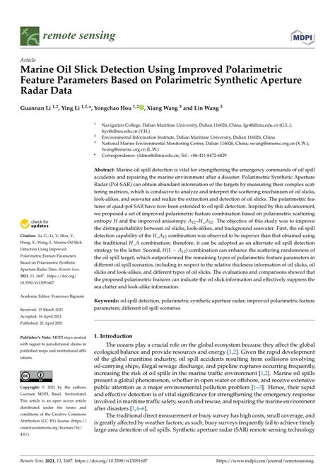 Pdf Marine Oil Slick Detection Using Improved Polarimetric Feature Parameters Based On