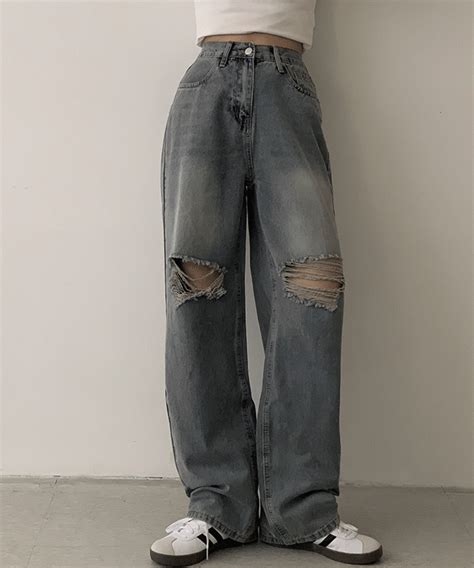 하비강추와이드핏 힙 무드 빈티지 무파진 롱 와이드 찢청 데님 팬츠 빈티지 구제 청바지 키작녀 키큰녀 에이블리