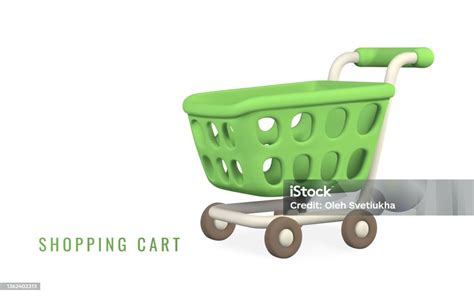 흰색 배경에 빈 녹색 쇼핑 카트 3d 쇼핑 컨셉 벡터 일러스트레이션 디지털 생성 이미지에 대한 스톡 벡터 아트 및 기타 이미지 디지털 생성 이미지 상점 쇼핑 카트