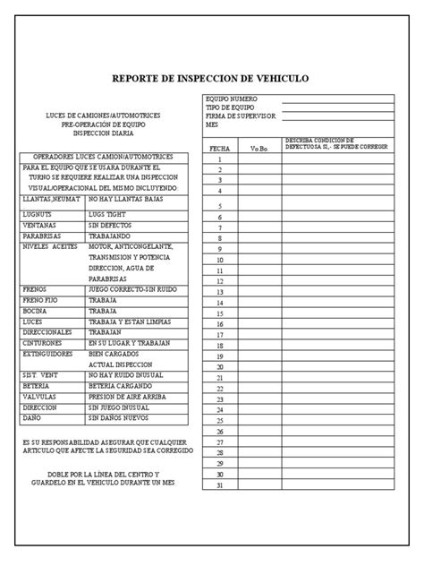 Formulario Reporte De Inspeccion De Vehiculo Pdf Vehículos