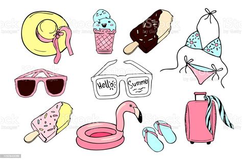 흰색 배경에 고립 된 해변에 대한 여름 것들세트 수영복 선글라스 모자 해변 슬리퍼 낙서 스타일로 그려진 벡터 그림입니다 장식