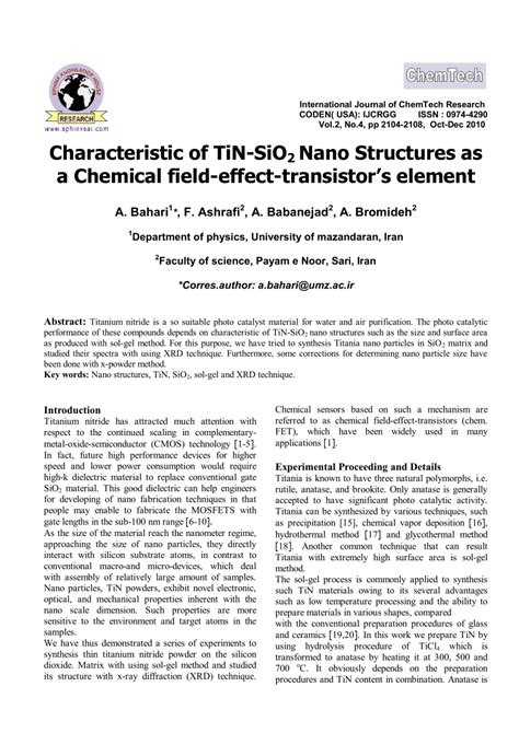 Pdf Characteristic Of Tin Sio2 Nano Structures As A Chemical Field Effect Transistors Element