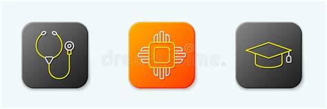 Set Line Stethoscope Processor Cpu And Graduation Cap Icon Vector
