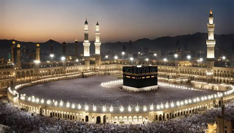 Night View Of The Holy Kaaba In Mecca During Islamic Gathering Stock