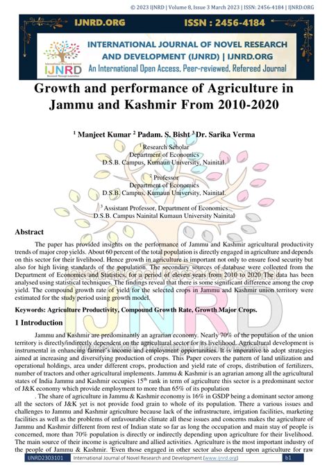 Pdf Growth And Performance Of Agriculture In Jammu And Kashmir From