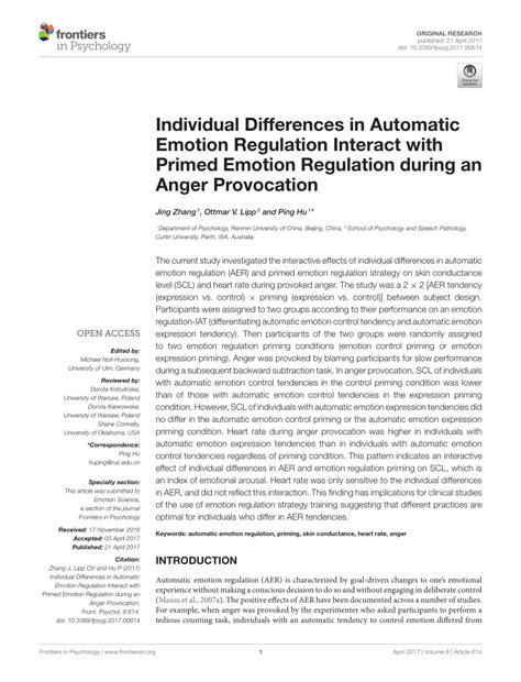 Pdf Individual Differences In Automatic Emotion Regulation Interact With Primed Emotion