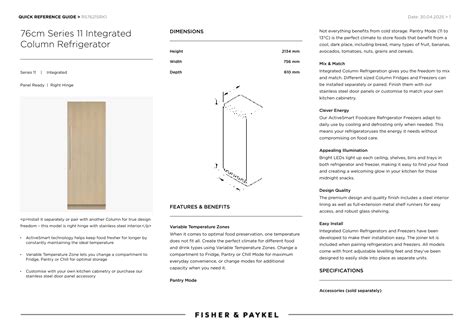 Integrated Column Refrigerator Series 11 76cm Quick Reference Guide