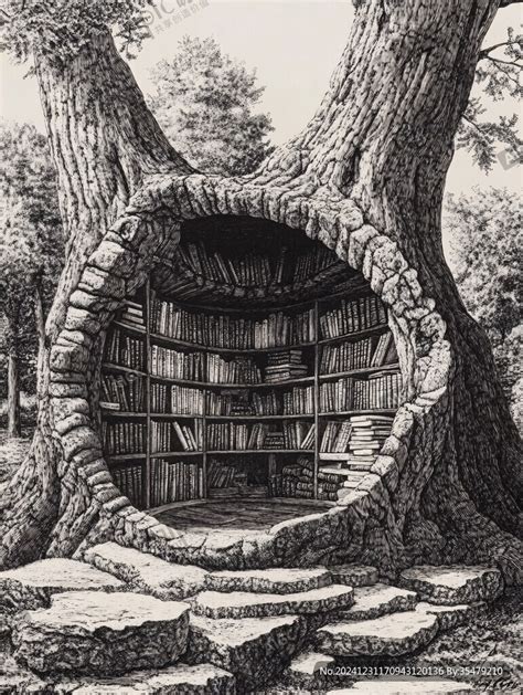 Ai创作图森林书屋 图书馆版画 手绘图书馆 手绘读书台 立体书房画 精细钢笔画 私人图书馆 流动的书亭 书山寻宝 童话书中的家 书放装饰画 知识的海洋 大树下看书 伍德斯托克阅览室 树人书屋