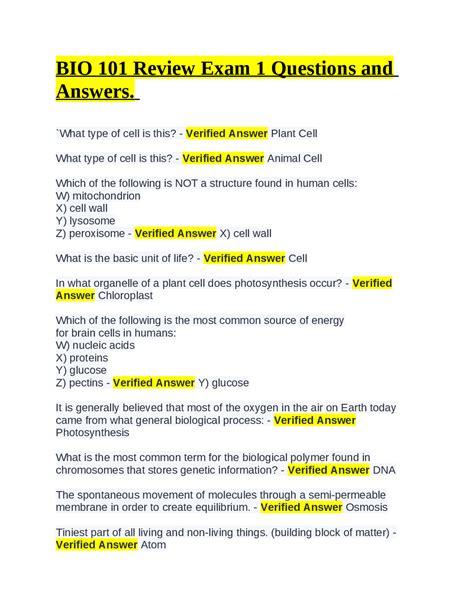 Bio 101 Review Exam 1 Questions And Answers Exams Biology Docsity