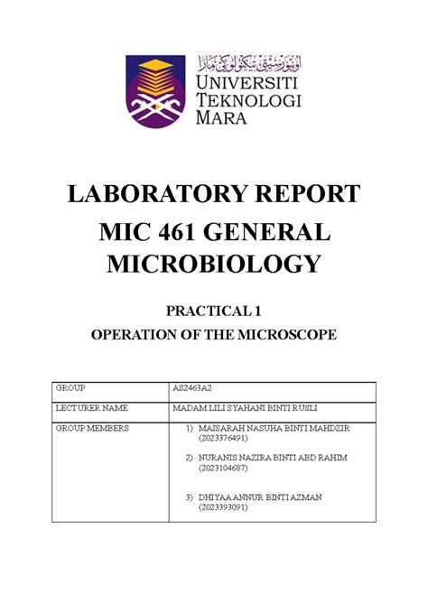 LAB Report MIC LABORATORY REPORT MIC GENERAL MICROBIOLOGY PRACTICAL OPERATION OF THE